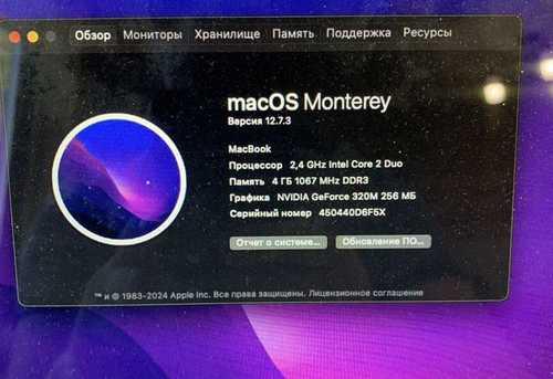 MacBook 13 (2010), 128 ГБ, Core 2 Duo, 2.4 ГГц, RAM 4 ГБ, GeForce 320M