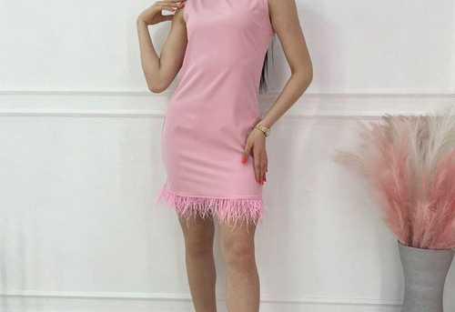 Платье розовое мини с перьями, 42, 44, 46, 48
