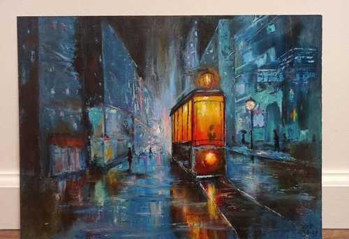 Картина маслом "Вечерний трамвай"