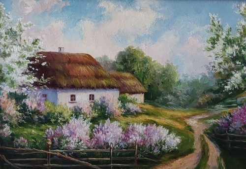Картина маслом летний пейзаж Сирень деревня хутор
