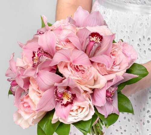 Букет невесты "Роза Пинк Охара и Орхидея"