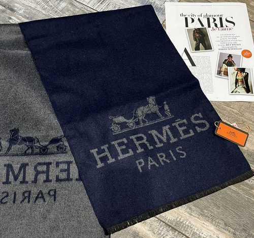 Кашемировый палантин шарф Hermes синий с серым