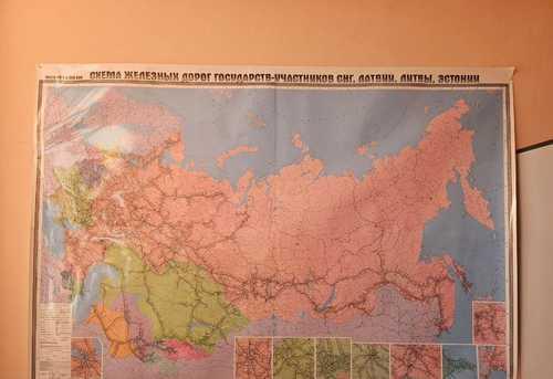 Карта настенная железных дорог РФ+снг+Балтии