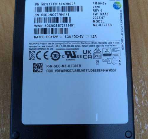 SSD Samsung 7680Gb PM1643A mzilt7t6hala-00007