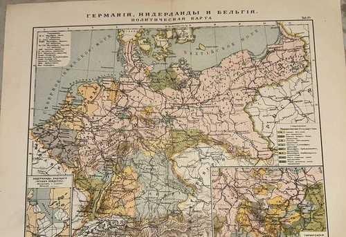 1912 Антикварная карта Германия, Бельгия, Нидерлан