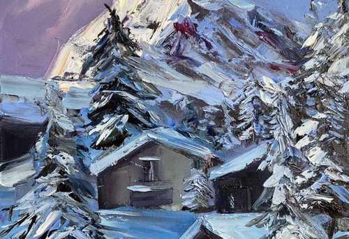 Картина маслом "Зимний домик в горах"