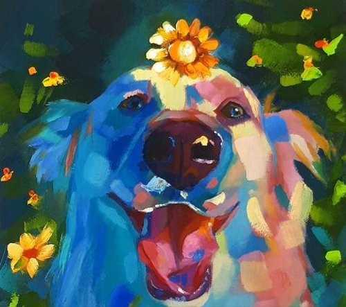 Картина маслом собака и цветы