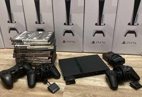 Sony PS2 Slim 10 дисков, прошитая, 3 геймпада