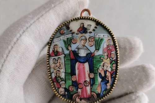 Икона Богородица Скорбящим радости 19 век финифть