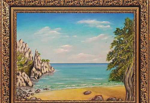 Картина маслом пейзаж. Море, пляж, скалы, деревья