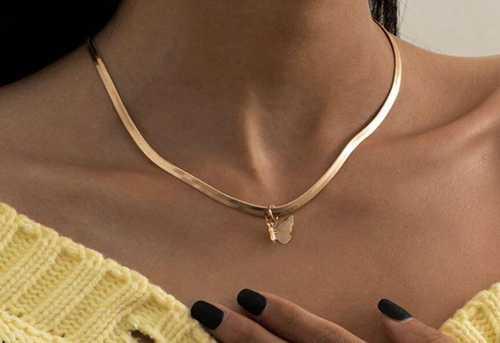 Женское ожерелье "Бабочка" цепь золотистый снейк