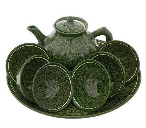 Набор узбекской посуды ляган,чайник,пиалы зеленый
