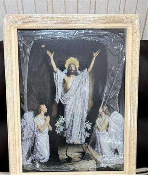 Икона Воскресение Господне вышитое бисером в рамке