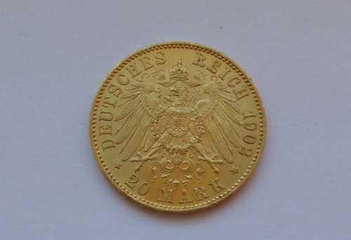 Золотая монета 20 марок Пруссия кайзер Вильгельм