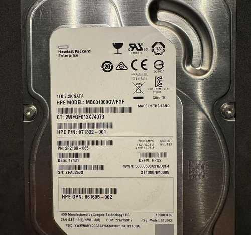 HDD HP Enterprise 1TB 7.2K SATA 3,5" Серверный