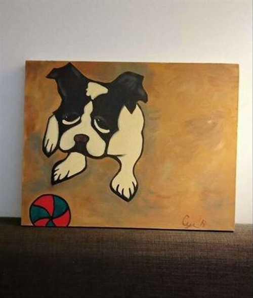 Картина масло собака французский бульдог