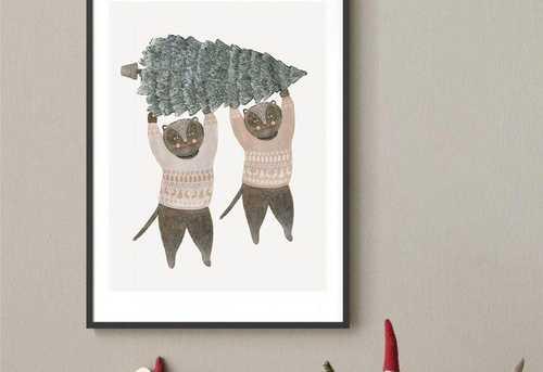 Постер новогодний с котами и ёлкой