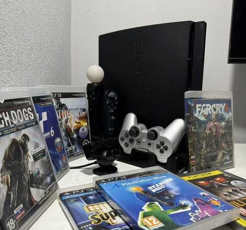 Ps3 slim 320gb  2move  2геймпада 7 дисков