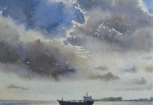 Картина акварелью Тучи над морем