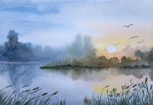 Картина акварелью "Туманное утро над озером"