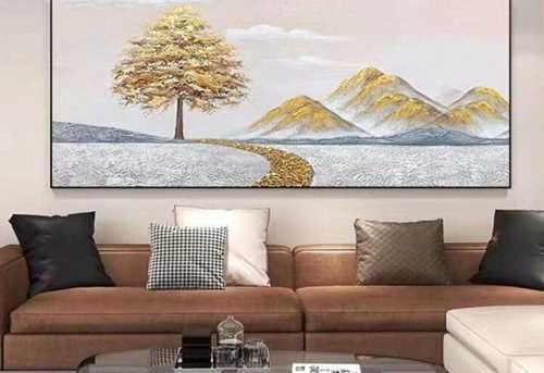 Картина маслом пейзаж с деревом и горами Стиль