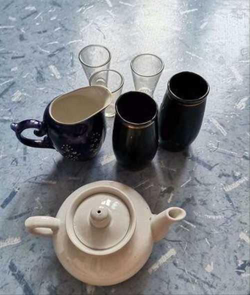 Мерные стопки, сливочник, 2 вазочки, белый чайник