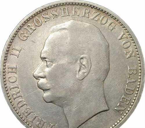 Серебряная Монета 5 марок 1908 G Баден Германия