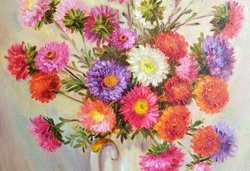 Картина маслом с цветами. Астры Букет