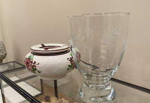 Антикварная ваза стекло, пантография 16.2 см