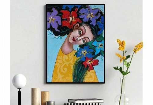 Картина с цветами и девушкой 20х30см