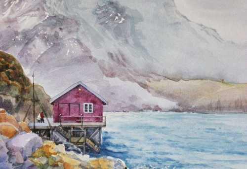 Картина акварелью "Домик в горах"