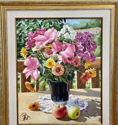 Картина цветы «Летний букет и яблоки» 50х40