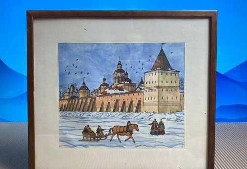 Картина акварелью в раме Зимний пейзаж