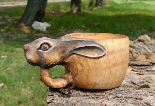 Кукса заяц кружка ручной работы из дерева