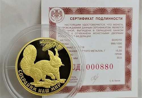 Золотая монета 100 рублей 2023 белка обыкновенная