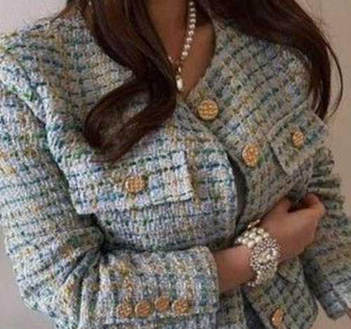 Мятный роскошный твидовый жакет Chanel S(42