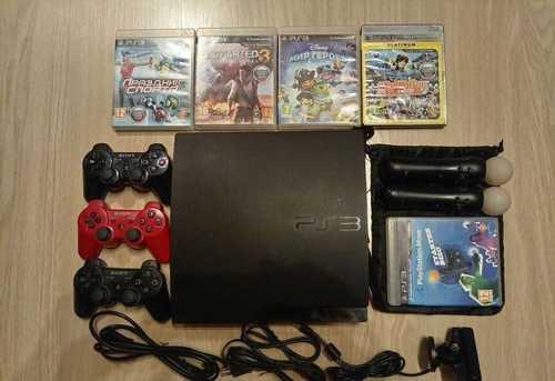 Sony PS3 slim (3*dualshock, 2*PS3 move, 4 диска)