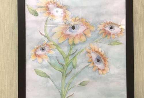 Картина акварелью "цветы-глаза"