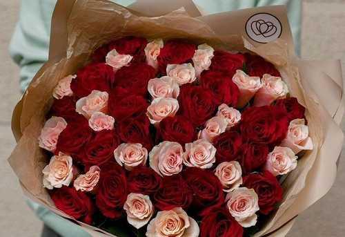 Букет из 51 красной и нежно-розовой розы 40 см (Ке