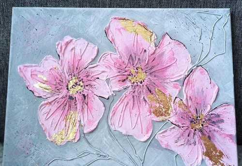 Текстурная картина акрилом с поталью Розовые цветы