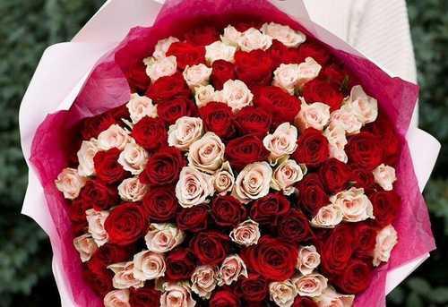 Букет из 101 красной и нежно-розовой розы 40 см (К