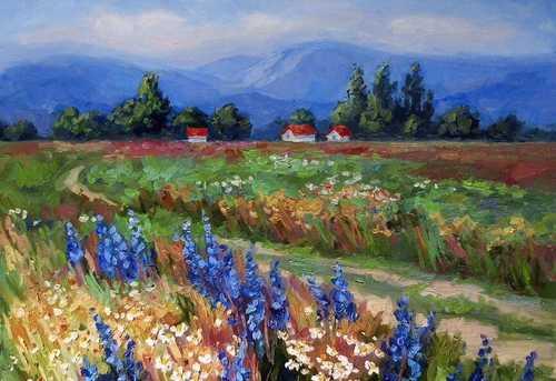 Картина маслом летний пейзаж с полевыми цветами