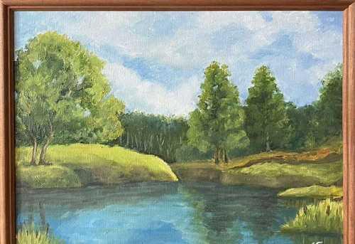 Картина "Пейзаж с рекой" 40х30, холст, масло