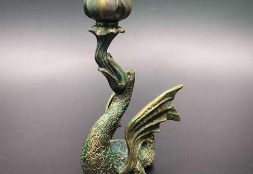 Старинная статуэтка подсвечник дракон бронза