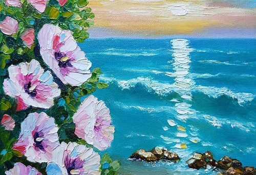 Картина маслом море, цветы Мальва, холст 20х20 см