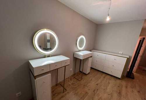 Туалетный лофт с тумбой и круглым зеркалом