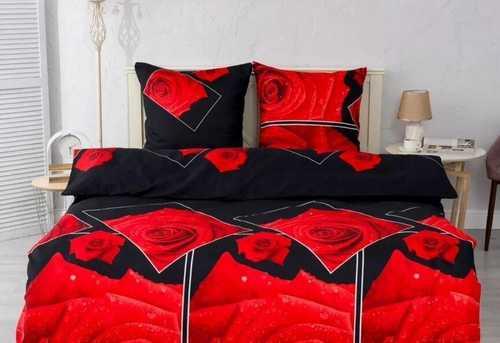 Белье постельное красные розы на черном 1,5 спальн