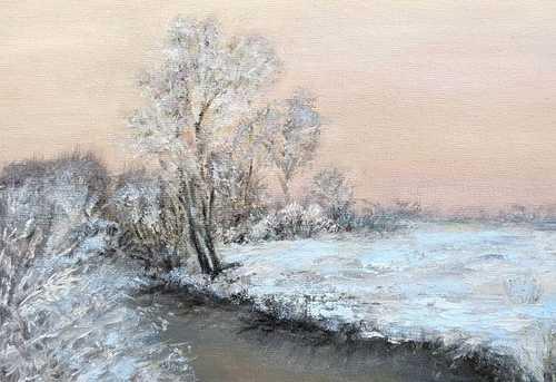Картина зима утро розовый рассвет снег холст 25х25