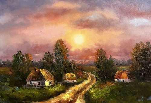 Картина маслом "Вечер в деревне"
