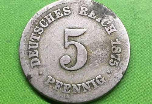 Монета Германская Империя 5 пфеннигов 1875 года